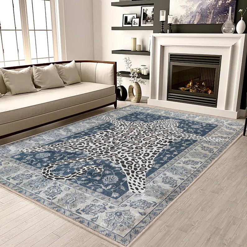 Blue Vintage Leopard Area Rug - Wildlife Inspired Carpet - Bold Pattern ...