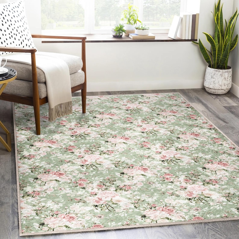 Soft Green and Pink Floral Rug - Vintage Rose Pattern Washable Area ...