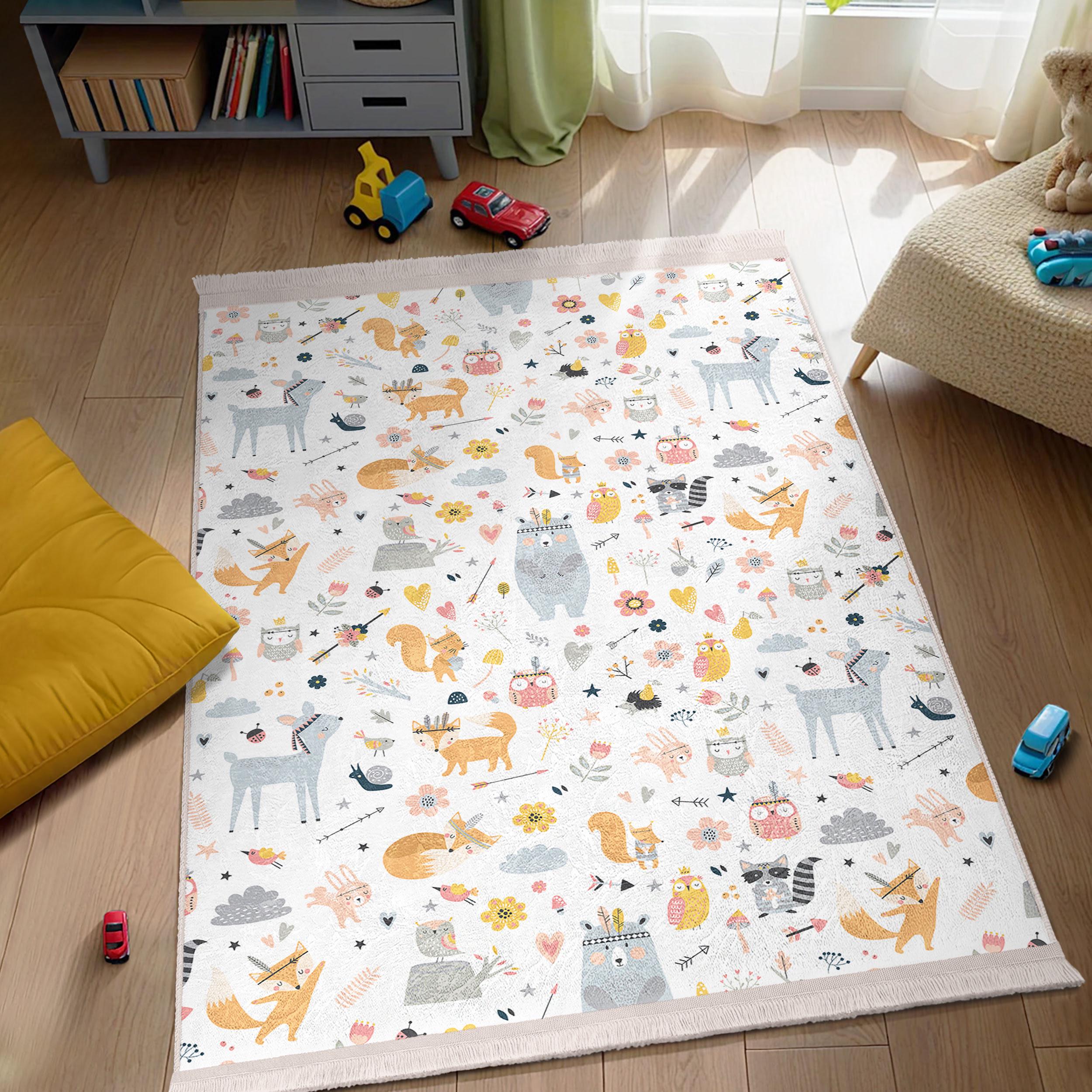 Woodland Animals Nursery Carpet - Foxes Bears Forest Kids Room Rug ...