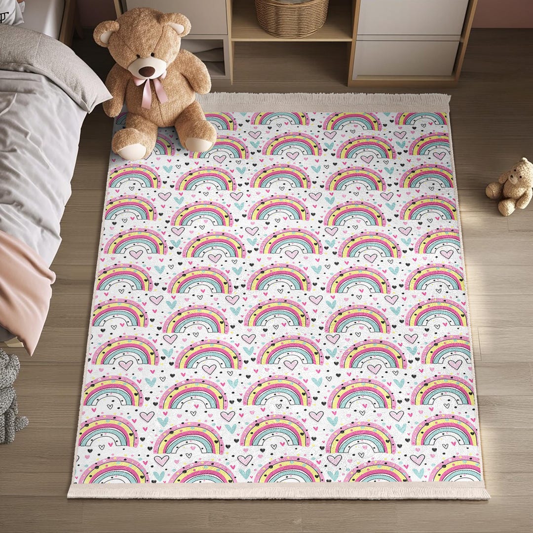 Colorful Rainbow Hearts Kids Room Rug - Happy Smiling Rainbow Nursery ...