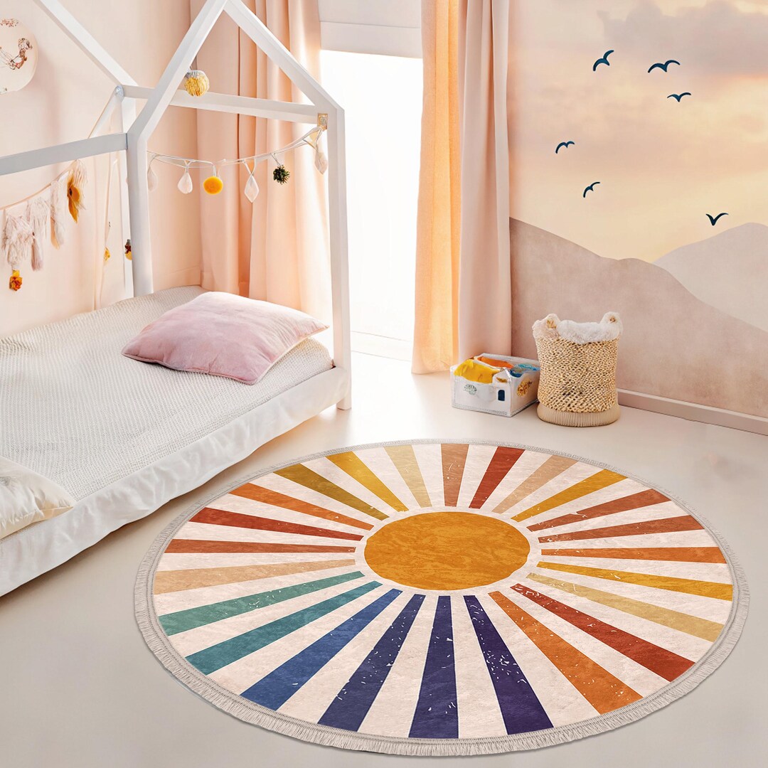 Sunshine Rainbow Rays Kids Room Round Rug - Sunburst Circle Carpet ...