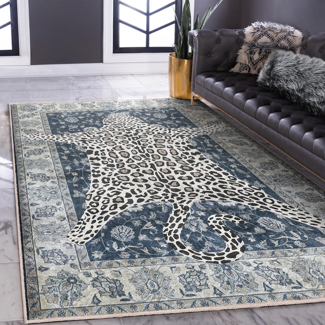Blue Vintage Leopard Area Rug - Wildlife Inspired Carpet - Bold Pattern ...