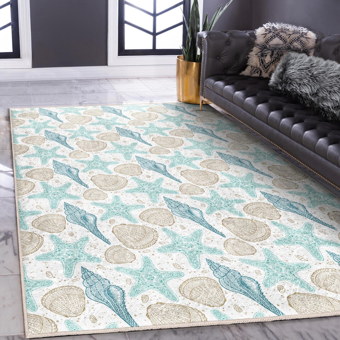 Coastal Seashell and Starfish Rug - Ocean-themed Washable Area Carpet ...