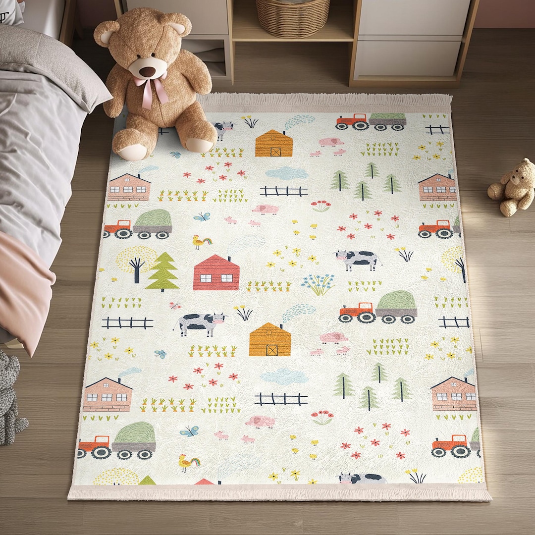 Farm Animal Tractor Kids Room Rug - Colorful Countryside Nursery Carpet ...