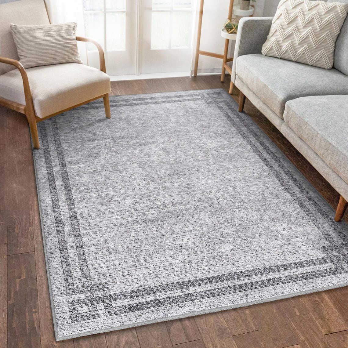 Classic Gray Border Area Rug - Subtle Linear Frame Design Mat - Anti ...