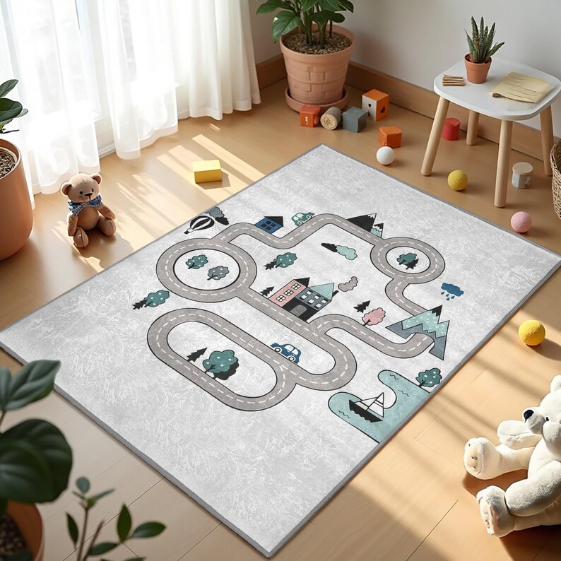 City Road Map Playmat Kids Room Rug - Adventure Tracks Town Mat - Gray ...