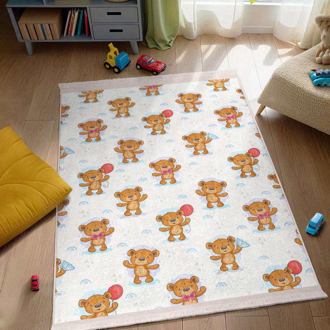 Teddy Bear Kids Room Rug - Cute Cartoon Bears Nursery Carpet - Light ...