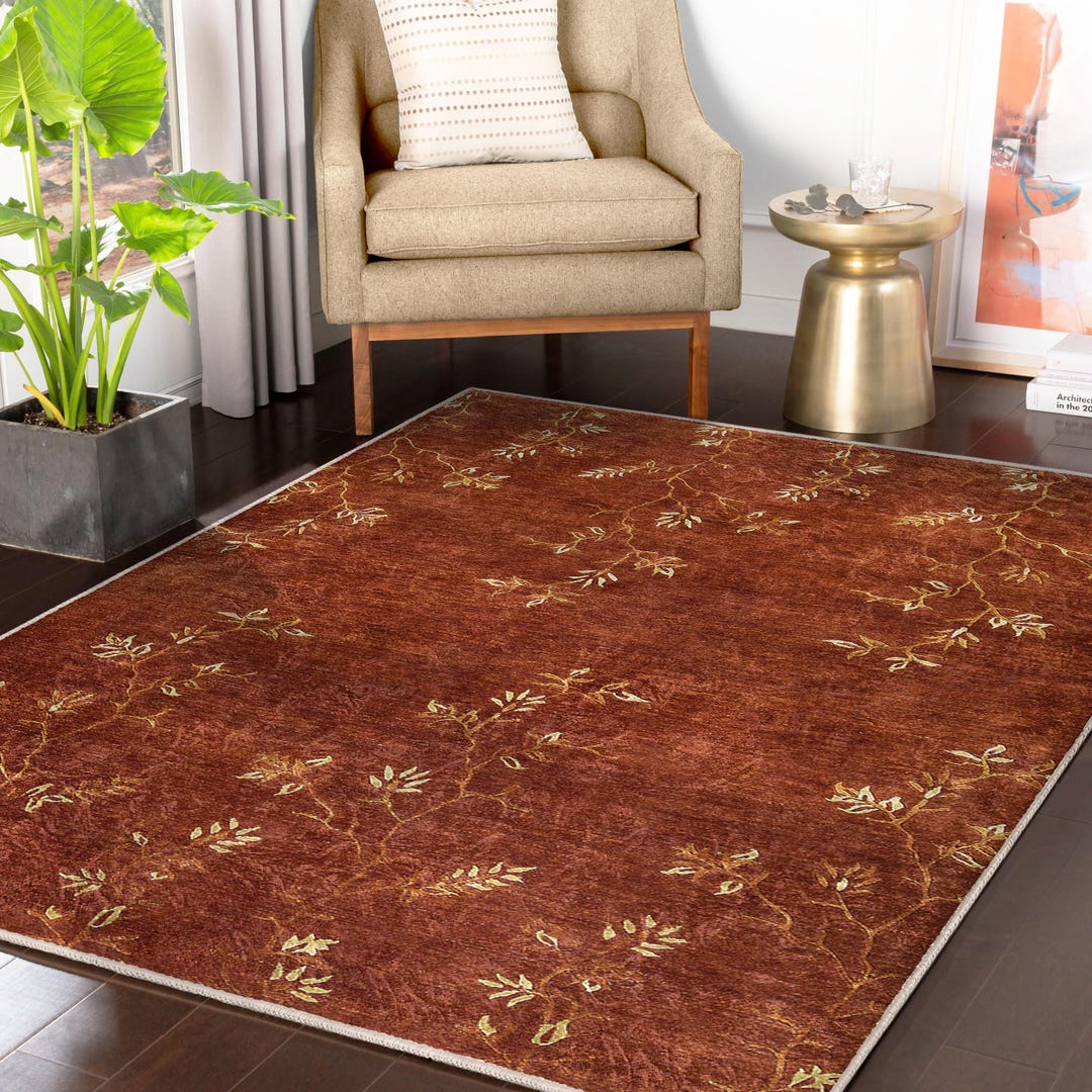 Rustic Terracotta Botanical Rug - Nature-inspired Washable Area Carpet ...