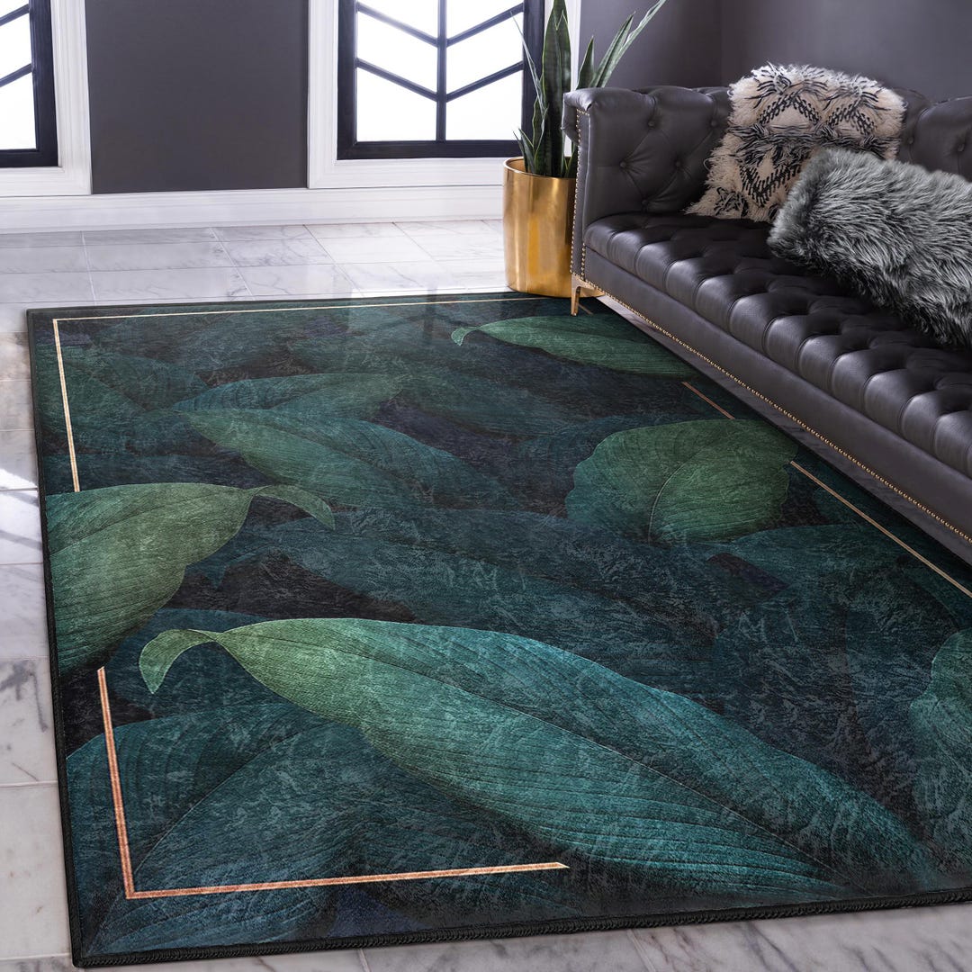 Tropical Leaf Area Rug for Living Room - Deep Green Botanical Design ...