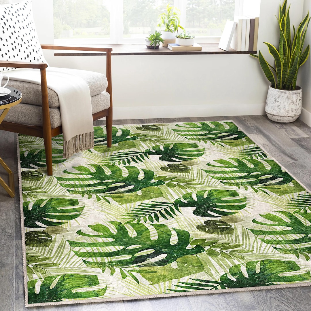 Tropical Green Leaf Area Rug - Monstera and Palm Design Washable Carpet ...