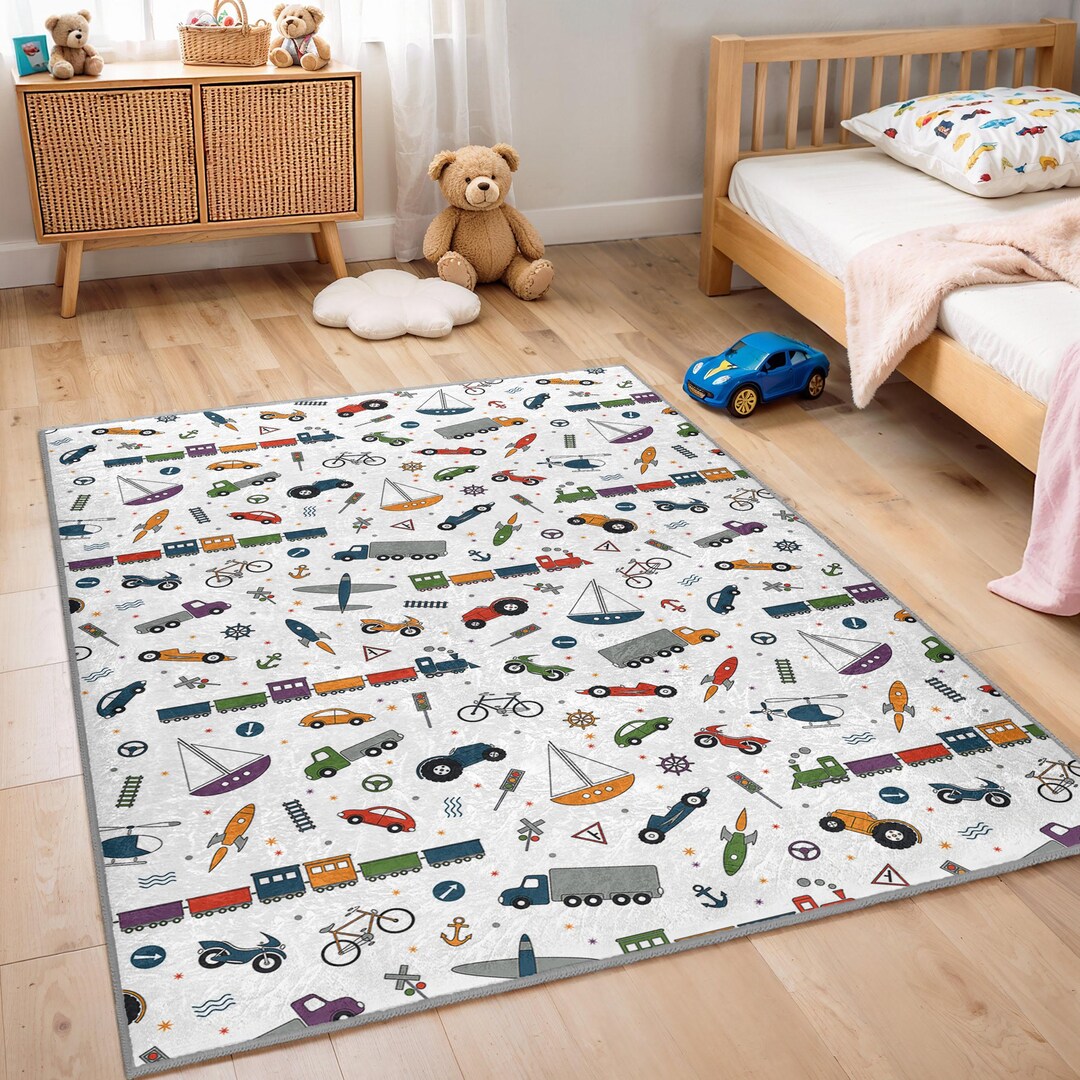 Transport Vehicles Cars Nursery Carpet - Trains Planes Boats Playmat ...