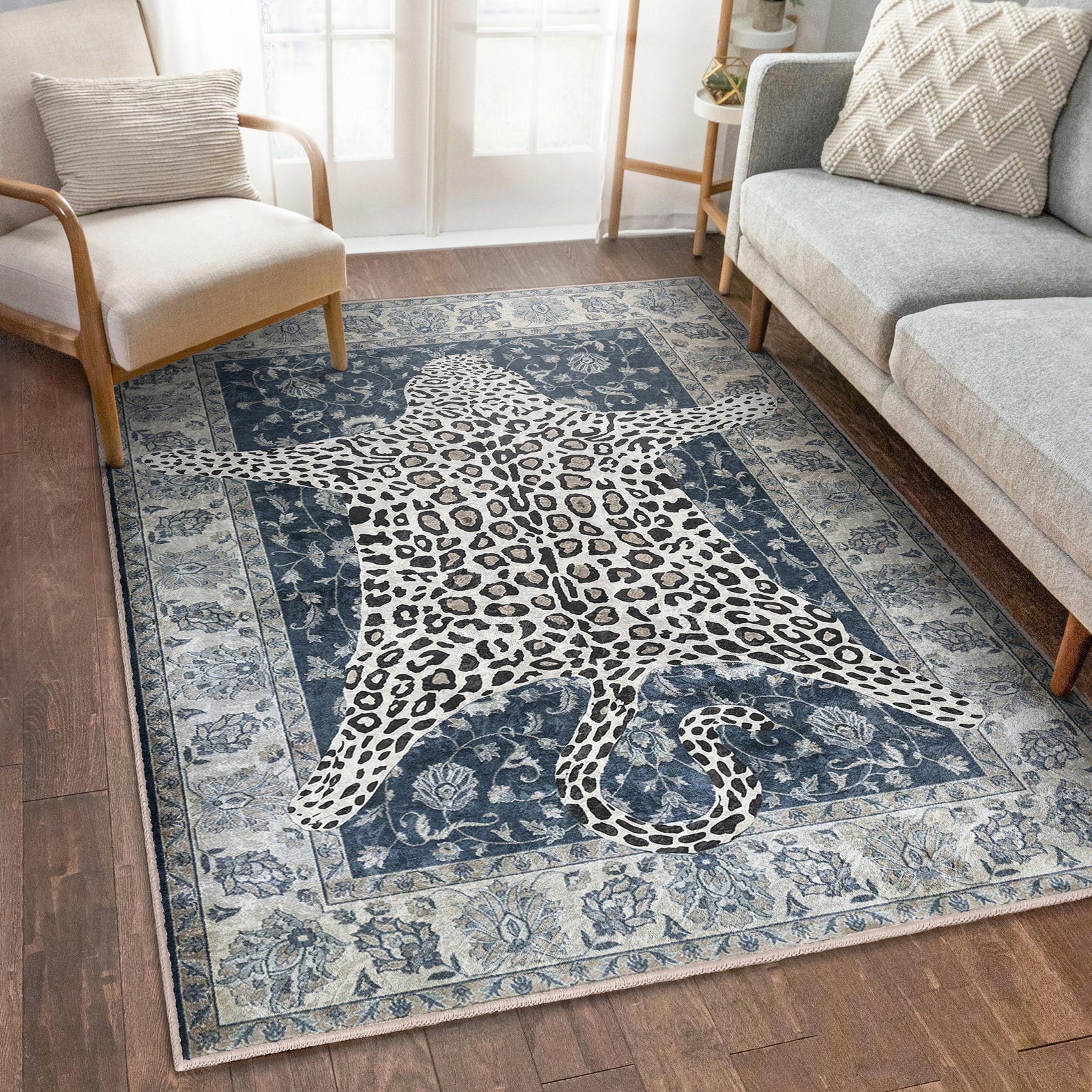 Blue Vintage Leopard Area Rug - Wildlife Inspired Carpet - Bold Pattern ...