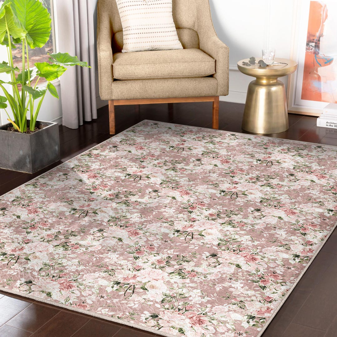 Romantic Pink and White Floral Rug - Vintage Rose Pattern Washable Area ...