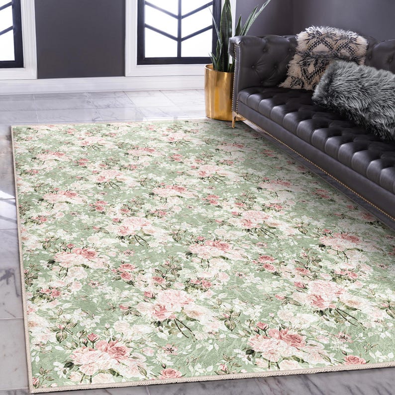 Soft Green and Pink Floral Rug - Vintage Rose Pattern Washable Area ...
