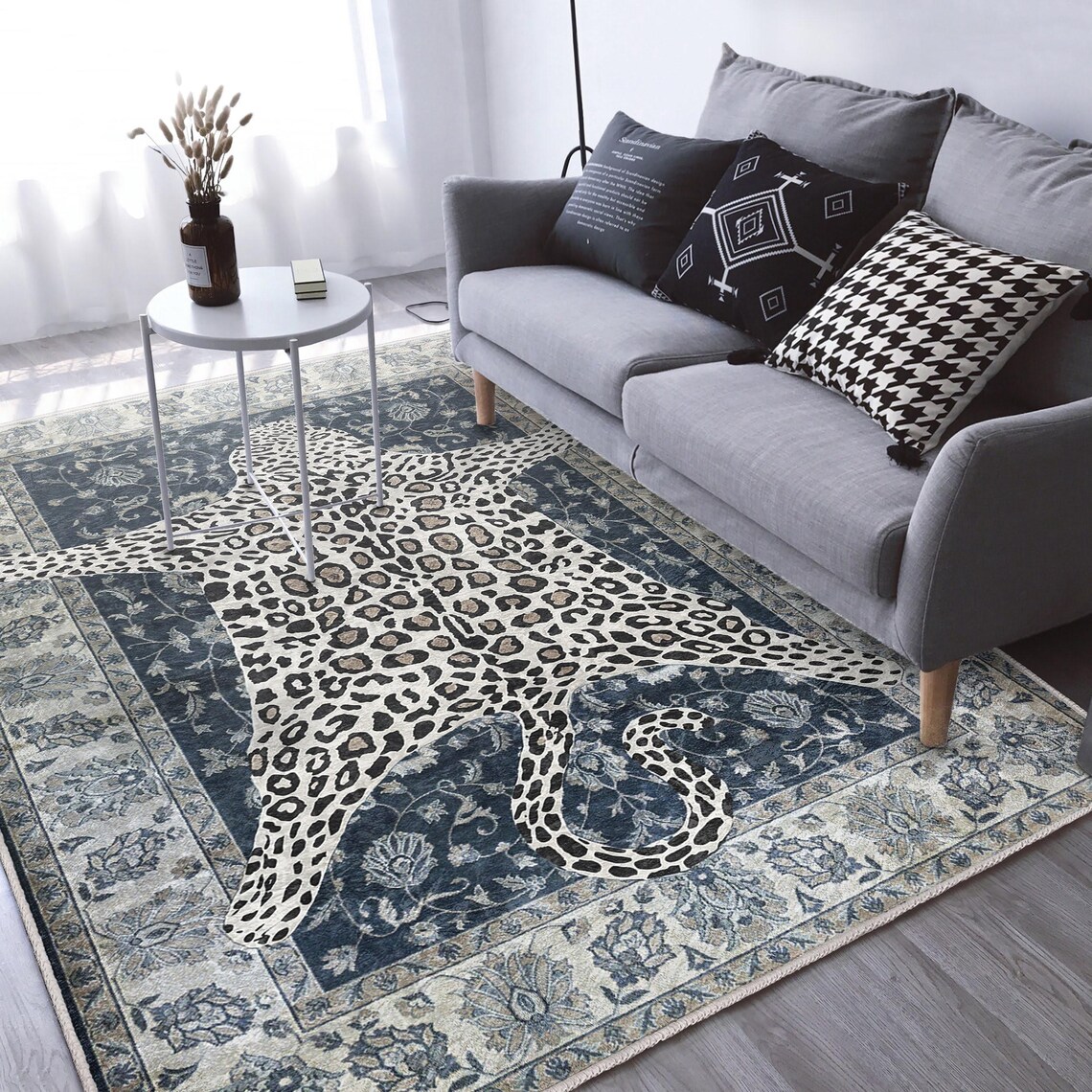 Blue Vintage Leopard Area Rug - Wildlife Inspired Carpet - Bold Pattern ...