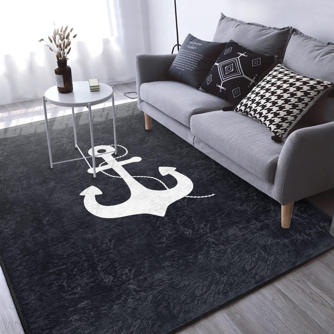 Nautical Anchor Area Rug for Living Room - Navy Blue and White Coastal ...