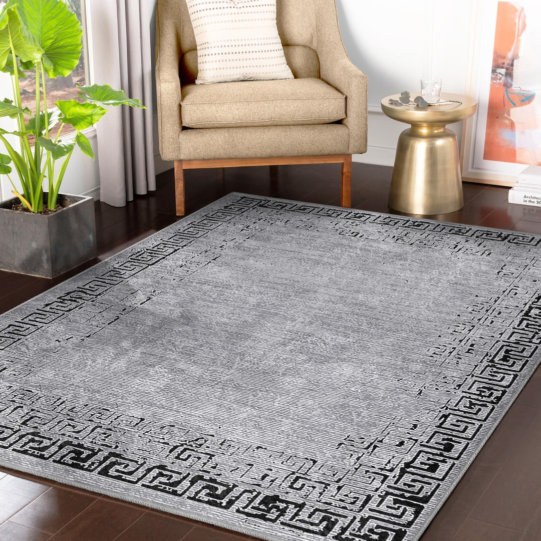 Classic Greek Key Border Rug - Subtle Monochrome Pattern - Anti-slip ...