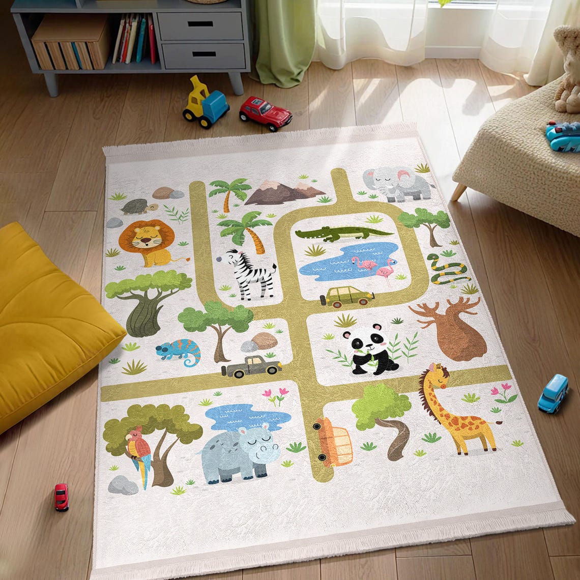 Safari Animals Kids Room Rug - Zebra Elephant Giraffe Runner - Colorful ...