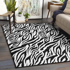 Bold Zebra Print Area Rug - Black & White Animal Pattern Washable ...