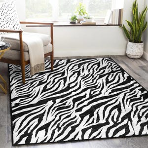 Bold Zebra Print Area Rug - Black & White Animal Pattern Washable ...