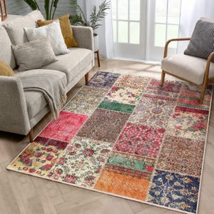 Vintage Patchwork Area Rug for Living Room - Multicolor Washable Carpet ...