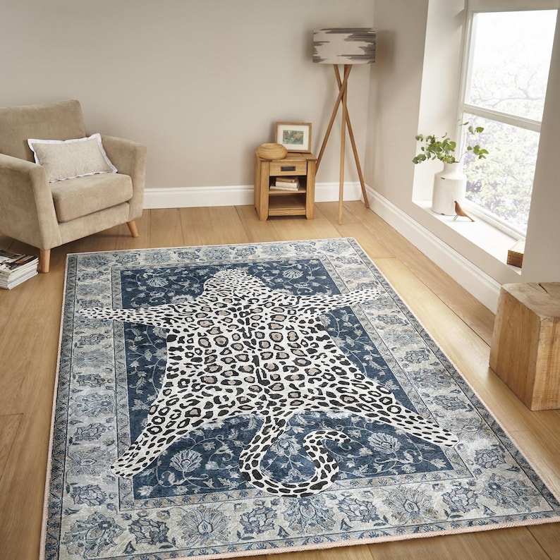 Blue Vintage Leopard Area Rug - Wildlife Inspired Carpet - Bold Pattern ...