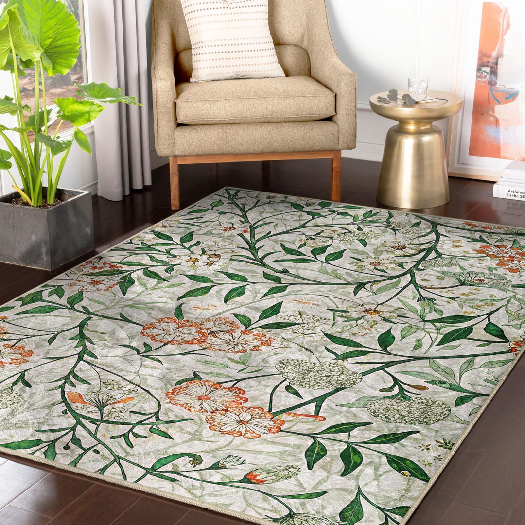 Floral Vine Area Rug - Green and Orange Nature-inspired Non-slip ...