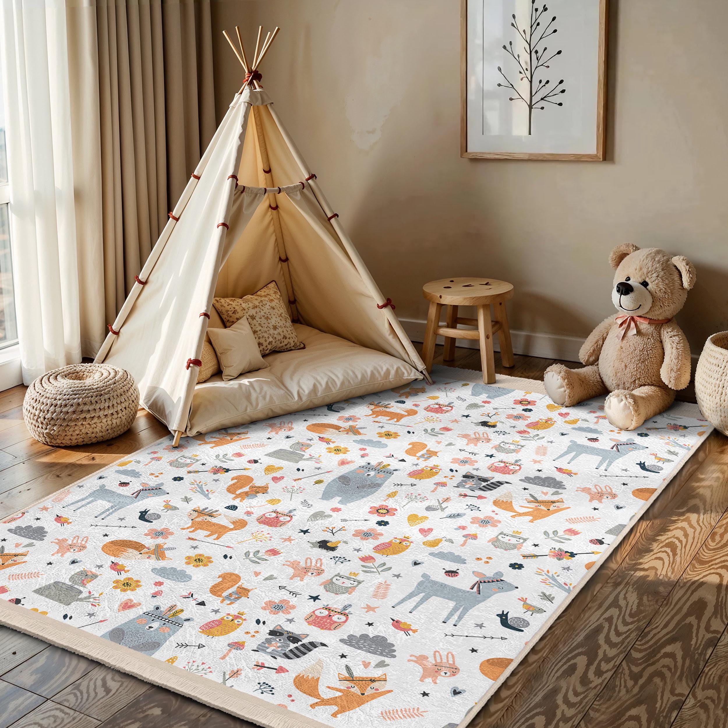 Woodland Animals Nursery Carpet - Foxes Bears Forest Kids Room Rug ...