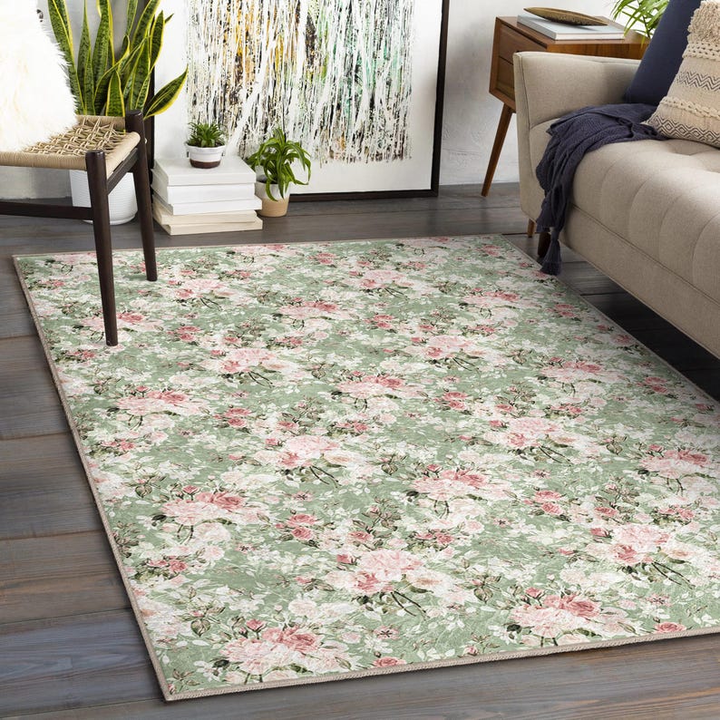 Soft Green and Pink Floral Rug - Vintage Rose Pattern Washable Area ...