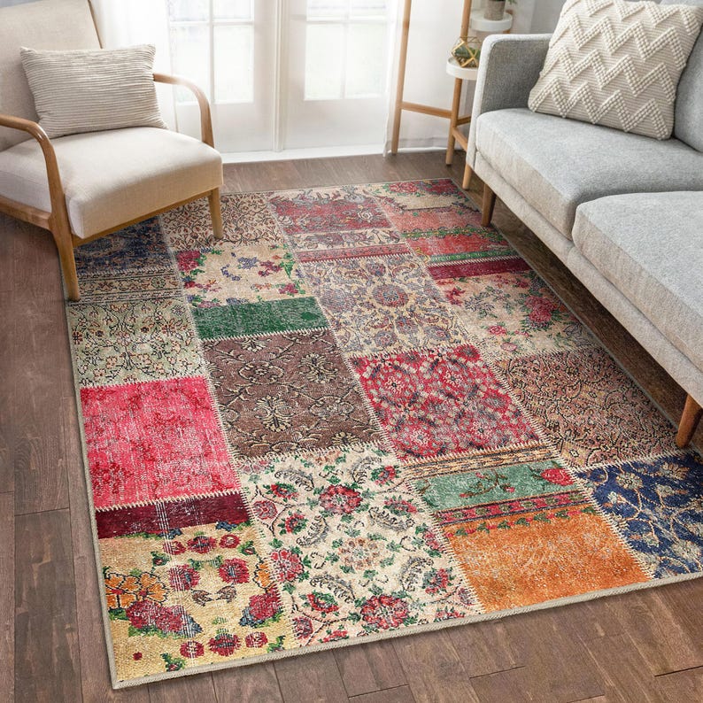 Vintage Patchwork Area Rug for Living Room - Multicolor Washable Carpet ...