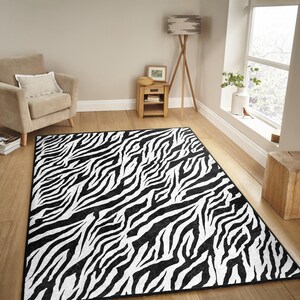 Bold Zebra Print Area Rug - Black & White Animal Pattern Washable ...