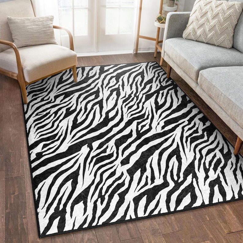 Bold Zebra Print Area Rug - Black & White Animal Pattern Washable ...