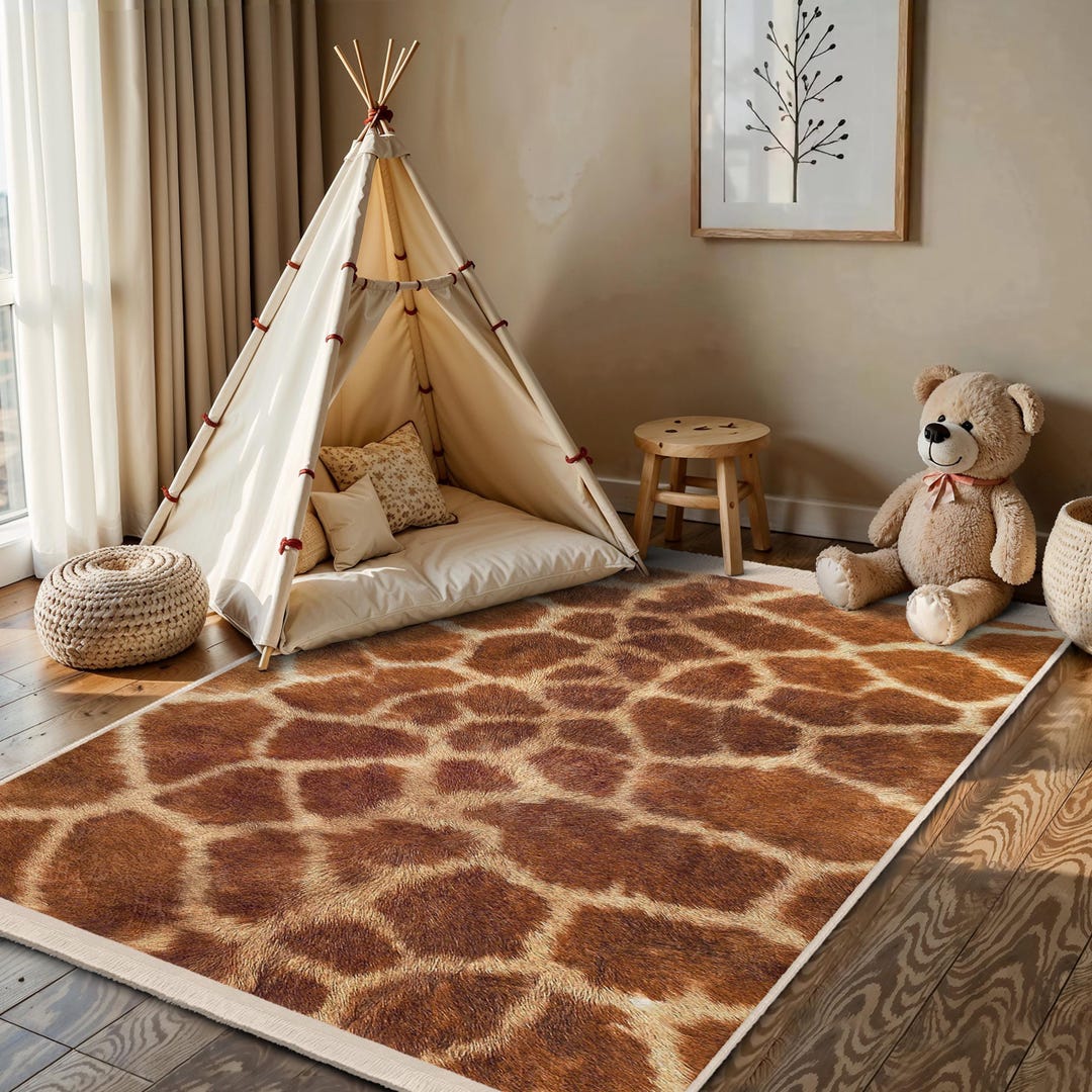 Giraffe Pattern Safari Nursery Rug - Animal Print Baby Room Mat - Brown ...