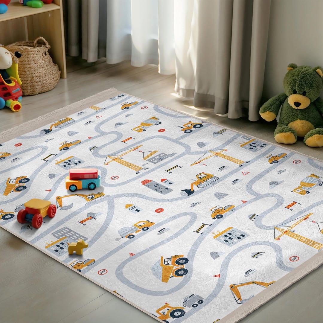 Construction Vehicle Road Map Playmat - Yellow Truck Road Nursery ...