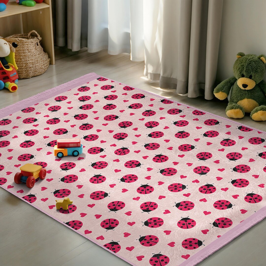 Ladybug Hearts Pink Nursery Carpet - Cute Red Ladybugs Kids Room Rug ...