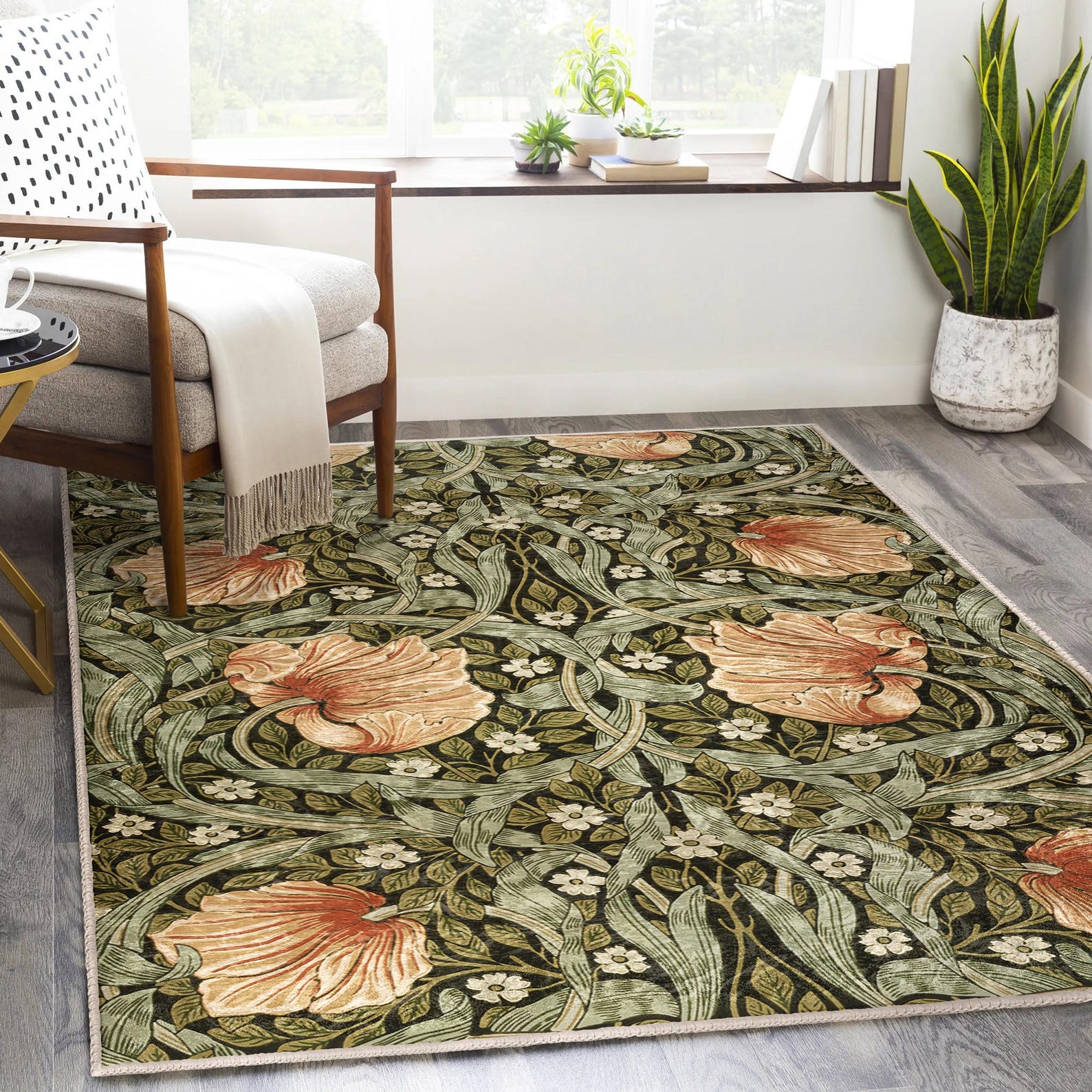 William Morris Poppy Floral Rug - Art Nouveau Botanical Carpet ...