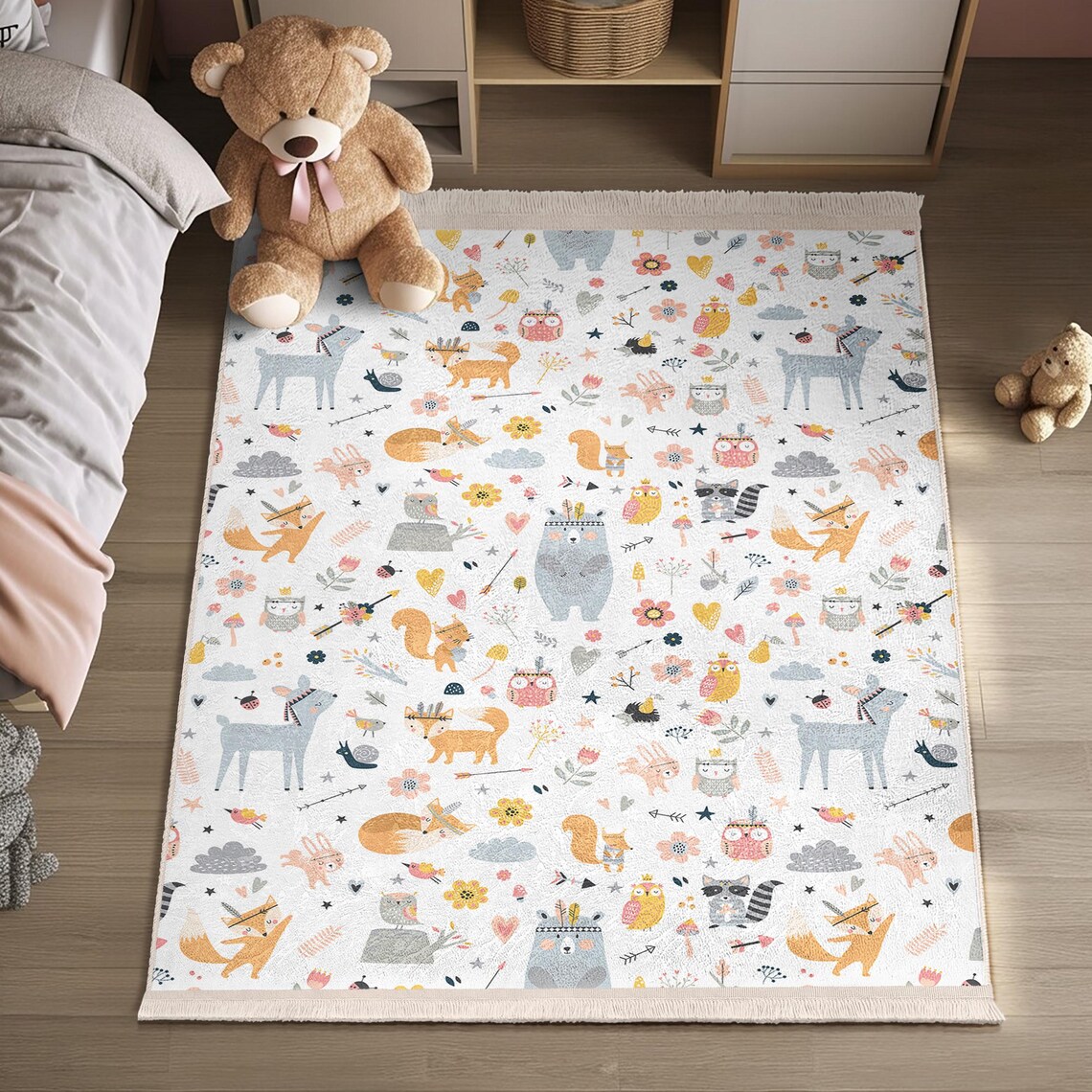 Woodland Animals Nursery Carpet - Foxes Bears Forest Kids Room Rug ...