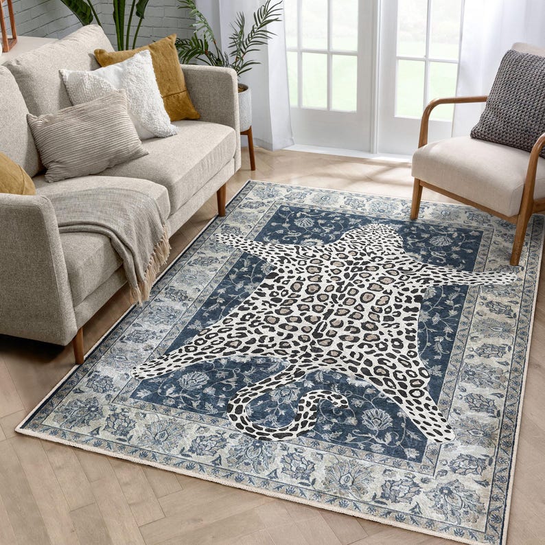 Blue Vintage Leopard Area Rug - Wildlife Inspired Carpet - Bold Pattern ...