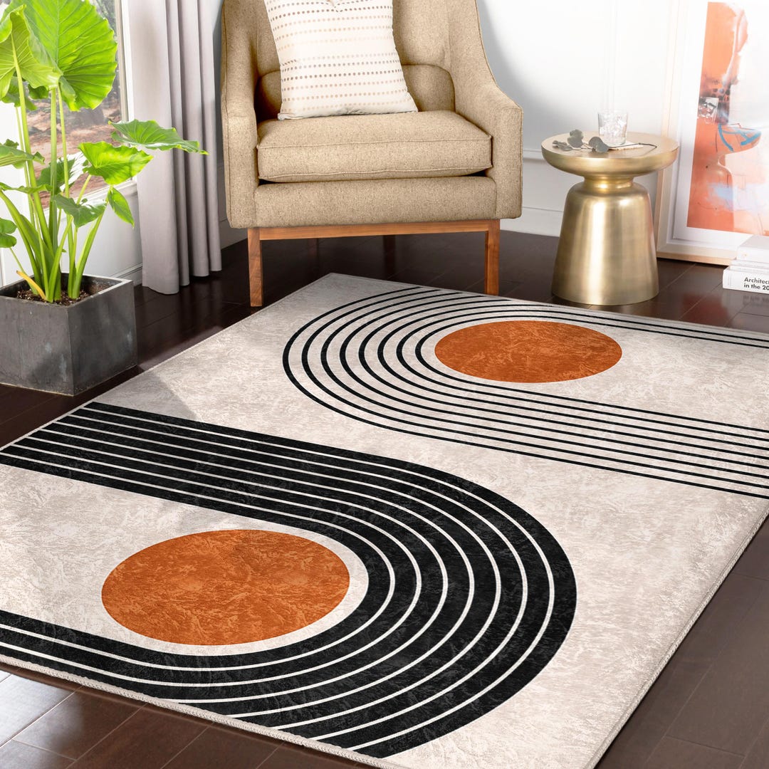 Modern Black and Orange Geometric Rug - Retro-inspired Washable Area ...