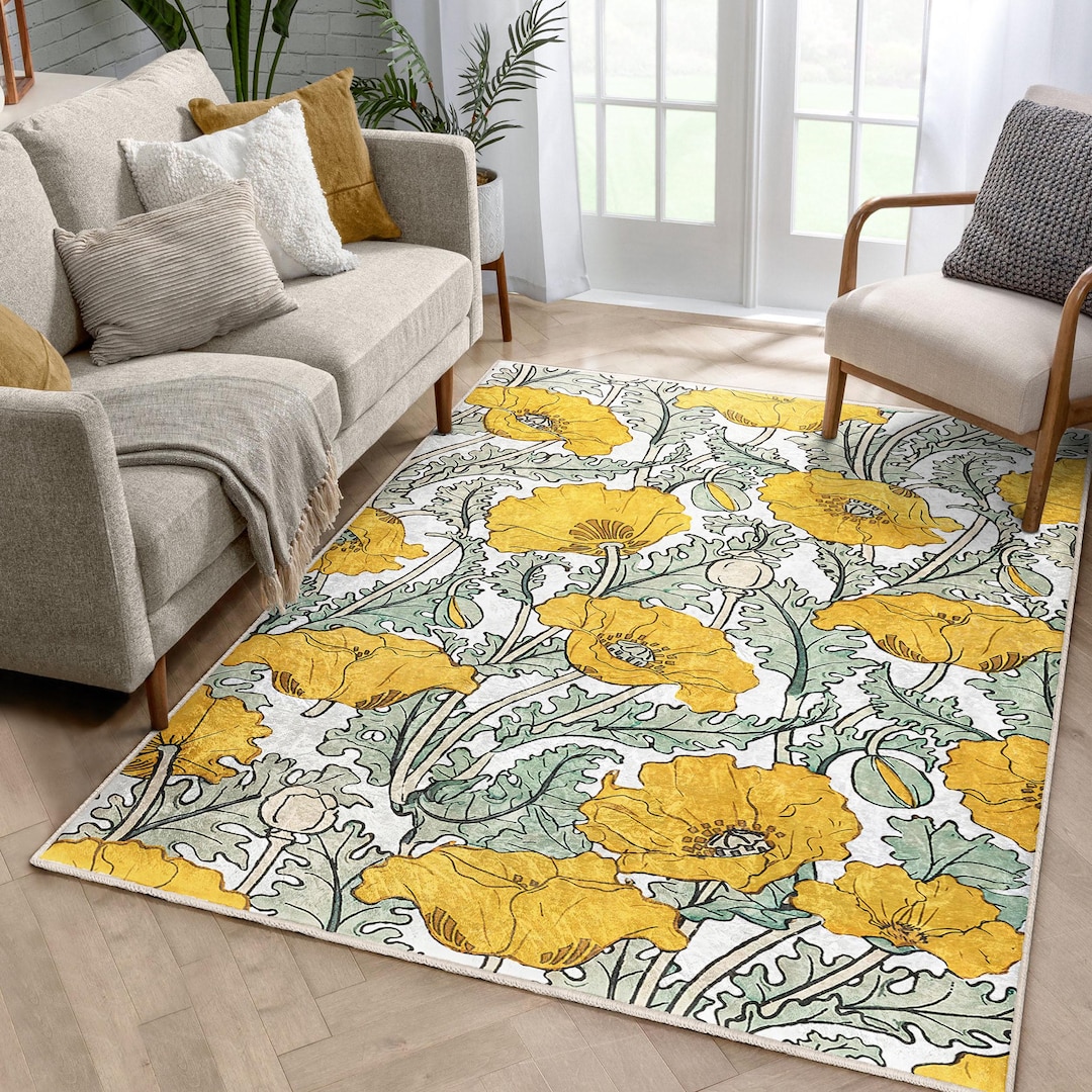 William Morris Inspired Yellow Floral Area Rug - Vintage Botanical ...