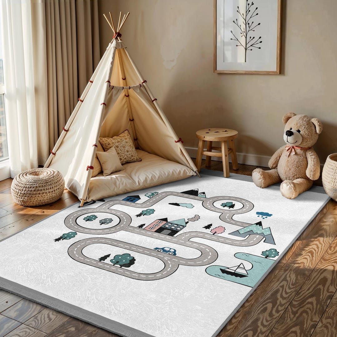 City Road Map Playmat Kids Room Rug - Adventure Tracks Town Mat - Gray ...
