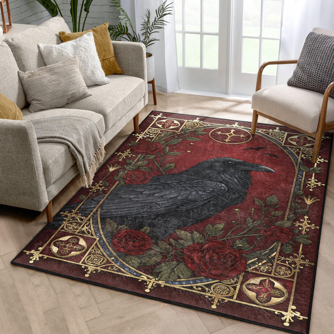 Gothic Raven Rug - Dark Aesthetic Crow Carpet - Vintage Victorian ...