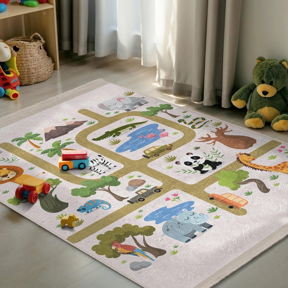 Safari Animals Kids Room Rug - Zebra Elephant Giraffe Runner - Colorful ...