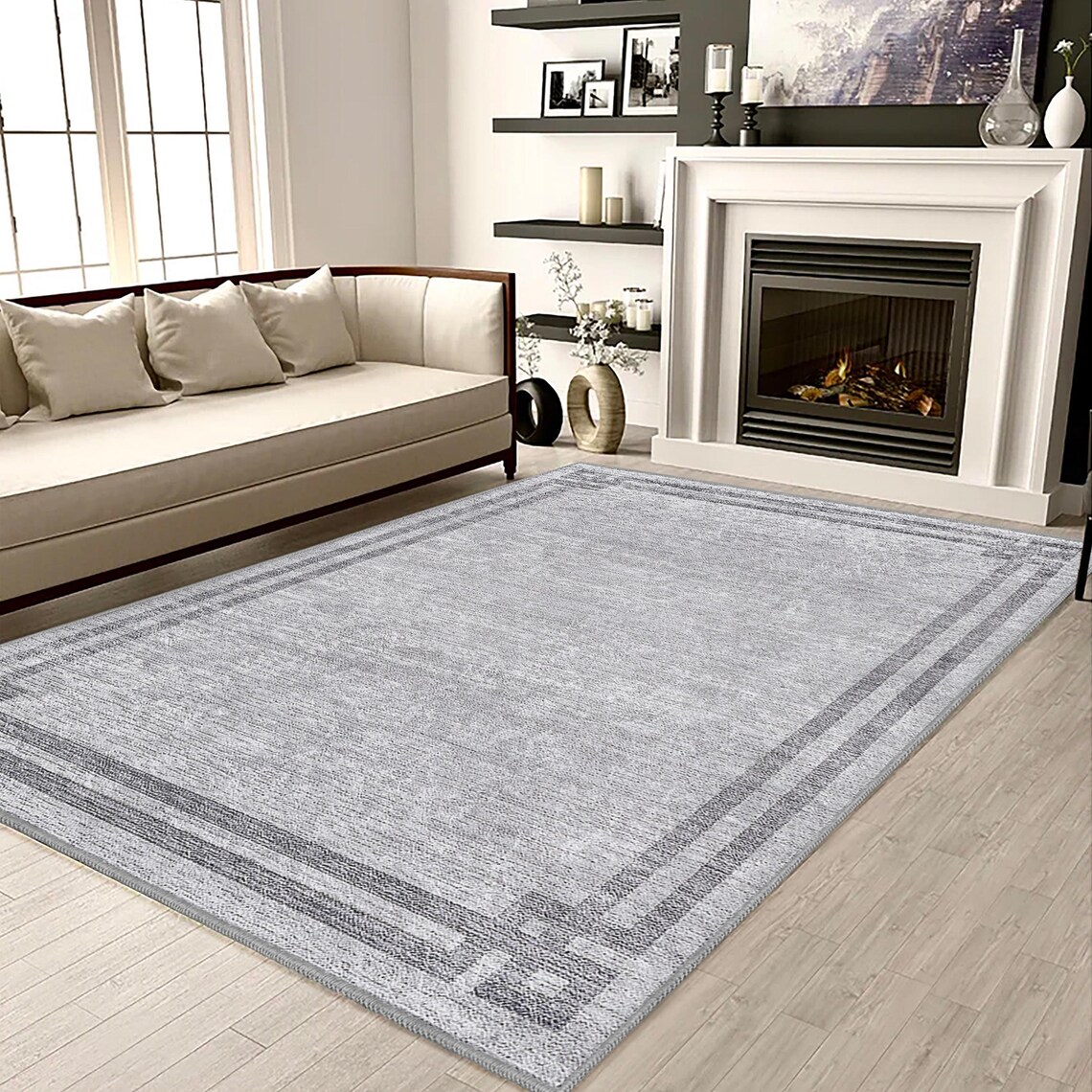 Classic Gray Border Area Rug - Subtle Linear Frame Design Mat - Anti ...