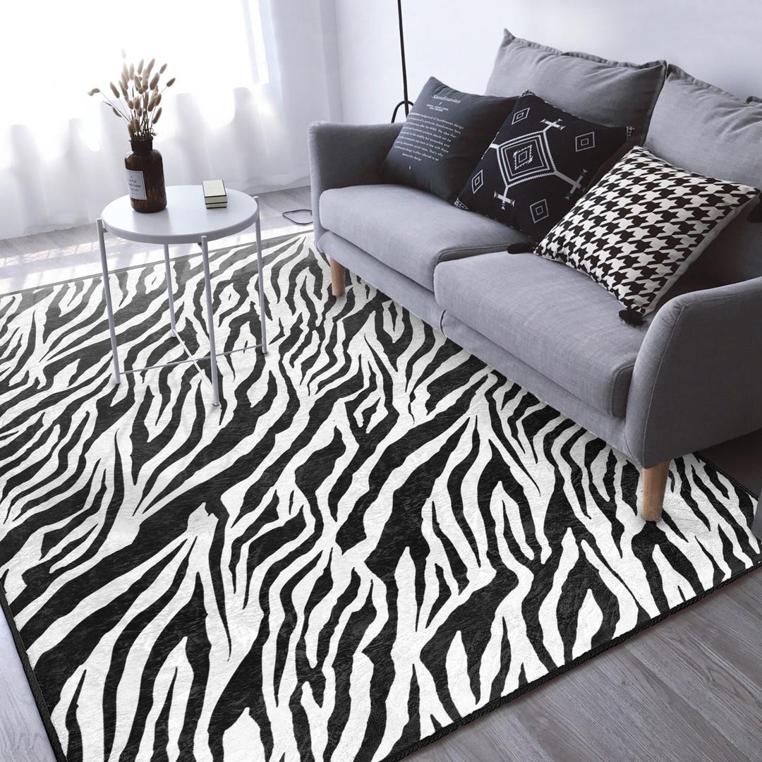 Bold Zebra Print Area Rug - Black & White Animal Pattern Washable ...
