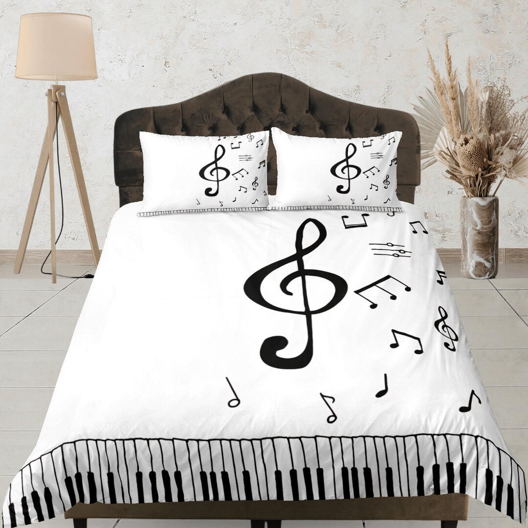 Melodic Black & White Piano Cotton Duvet Cover Set, Harmonious Treble ...