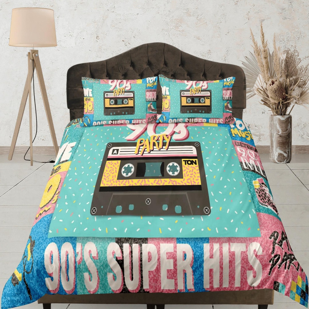 90s Retro Throwback Cotton Duvet Cover Set, Nostalgic Party Hits Quilt ...