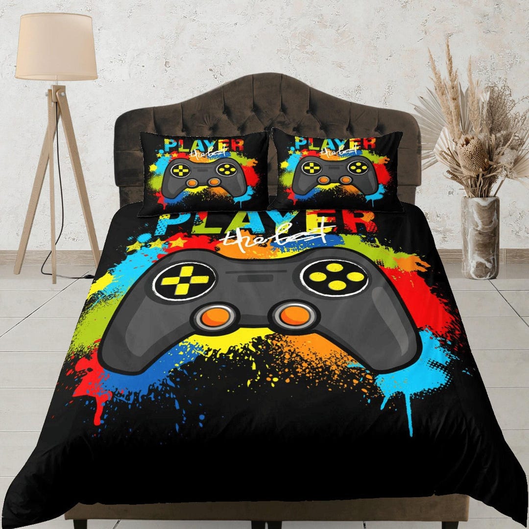 Cool Gaming Controller Cotton Duvet Cover Set, Black & Rainbow Splash Quilt Cover, Vibrant Video ...