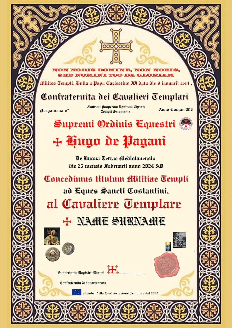 Personalized Templar Parchment Templar Certificate, Knight or Lady ...