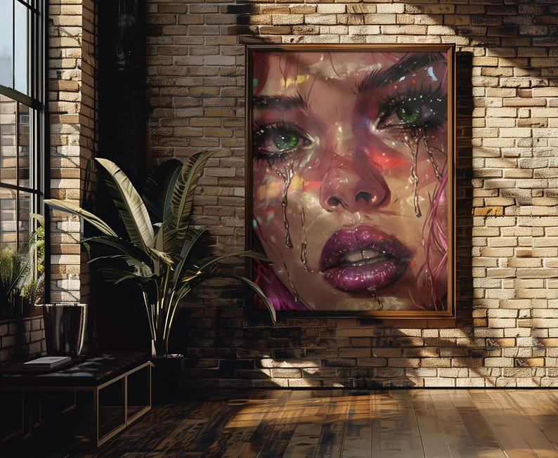 Green Eyes Modern Crying Girl Tears Wall Art. Home, Pub, Club Decor ...
